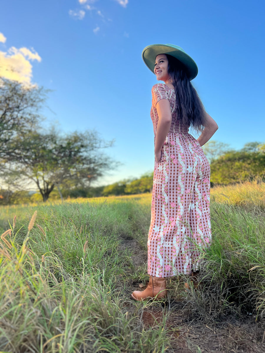 Pink/Brown Palaka w/Pikake and Lokelani Lei Jumpsuit – Faith Hope Aloha